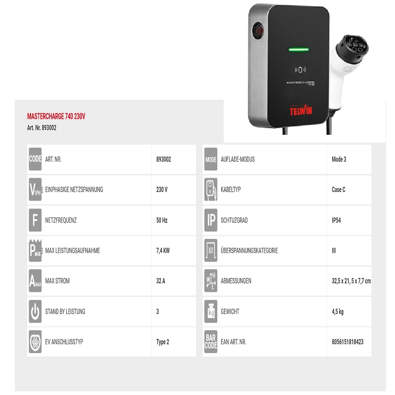 Ladestation für Elektroautos + 4 RFID-Karten 7,4kW | Mastercharge 740 230V-893005
